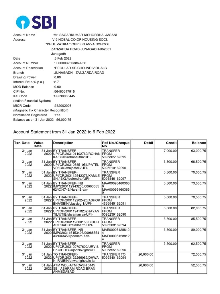 Regular SB account statement from 31 Jan to 6 Feb | PDF | Personal ...