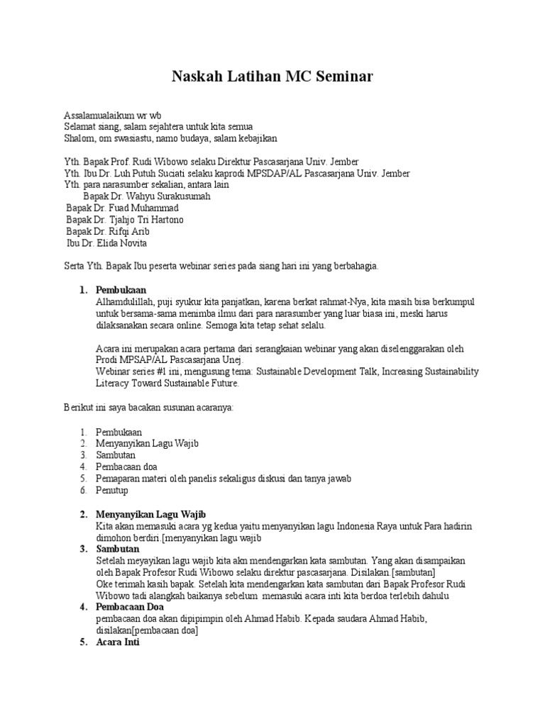 Naskah Latihan MC Seminar Revisi | PDF | Karier & Perkembangan