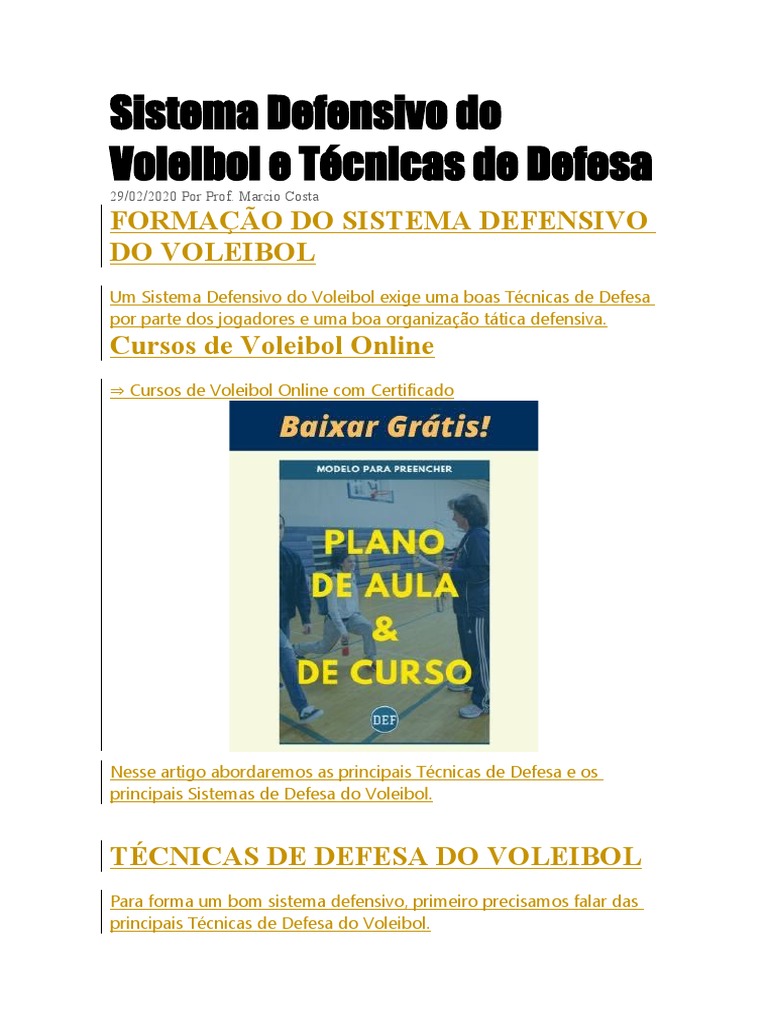 Sistema Defensivo do Voleibol e Técnicas de Defesa | PDF | Voleibol ...