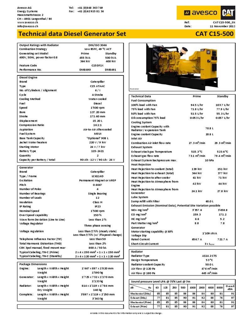 Technical Data Diesel Generator Set CAT C15-500: Illustration | PDF ...