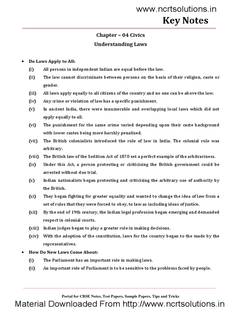 Chapter - 04 Civics Understanding Laws: Do Laws Apply To All | PDF ...