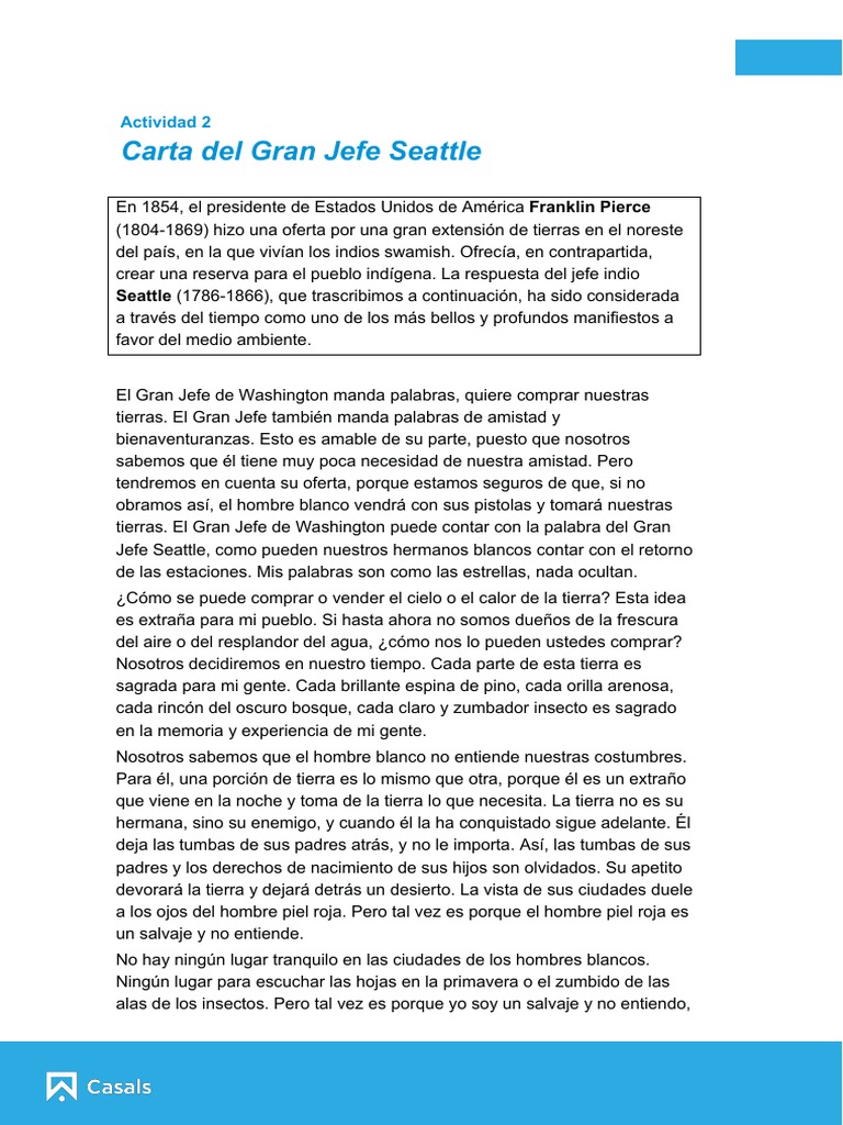 Actividad 2. Carta Del Gran Jefe Seattle | PDF | Libros para adolescentes