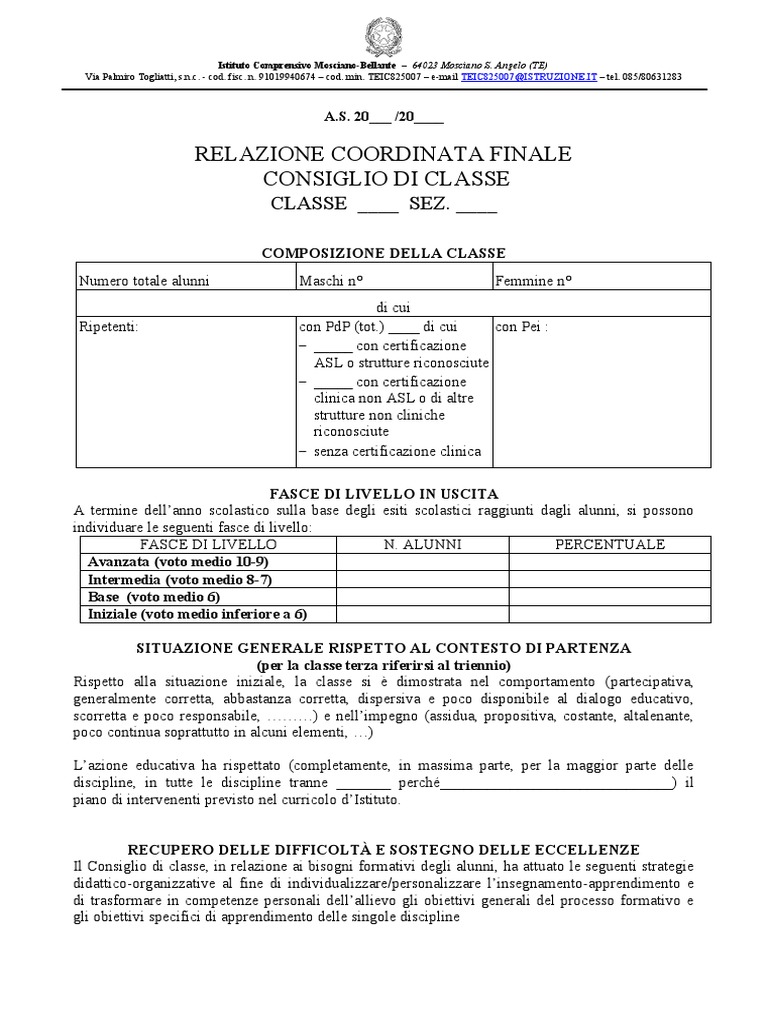 MODELLO Relazione Finale Coordinata Di Classe Scuola Secondaria | PDF