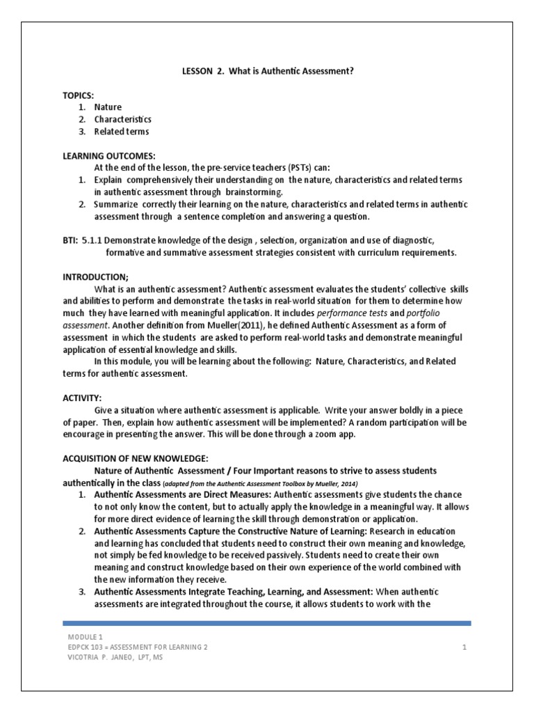 Assessment. Another Definition From Mueller (2011), He Defined Authentic Assessment As A Form of ...