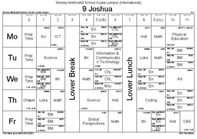 Grade 9 Timetable for Wesley Methodist School | PDF