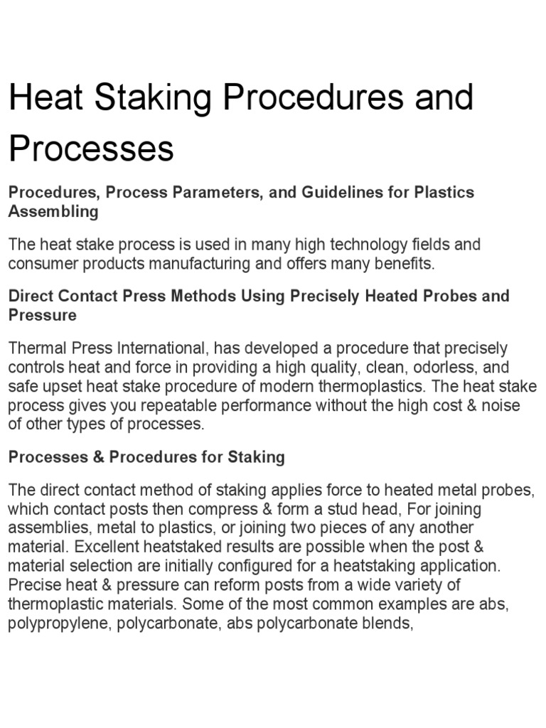 Heat Staking Procedures and Processes: Procedures, Process Parameters ...