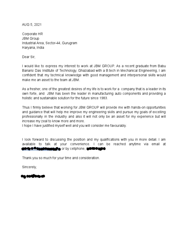JBM Group Cover Letter | PDF | Career & Growth