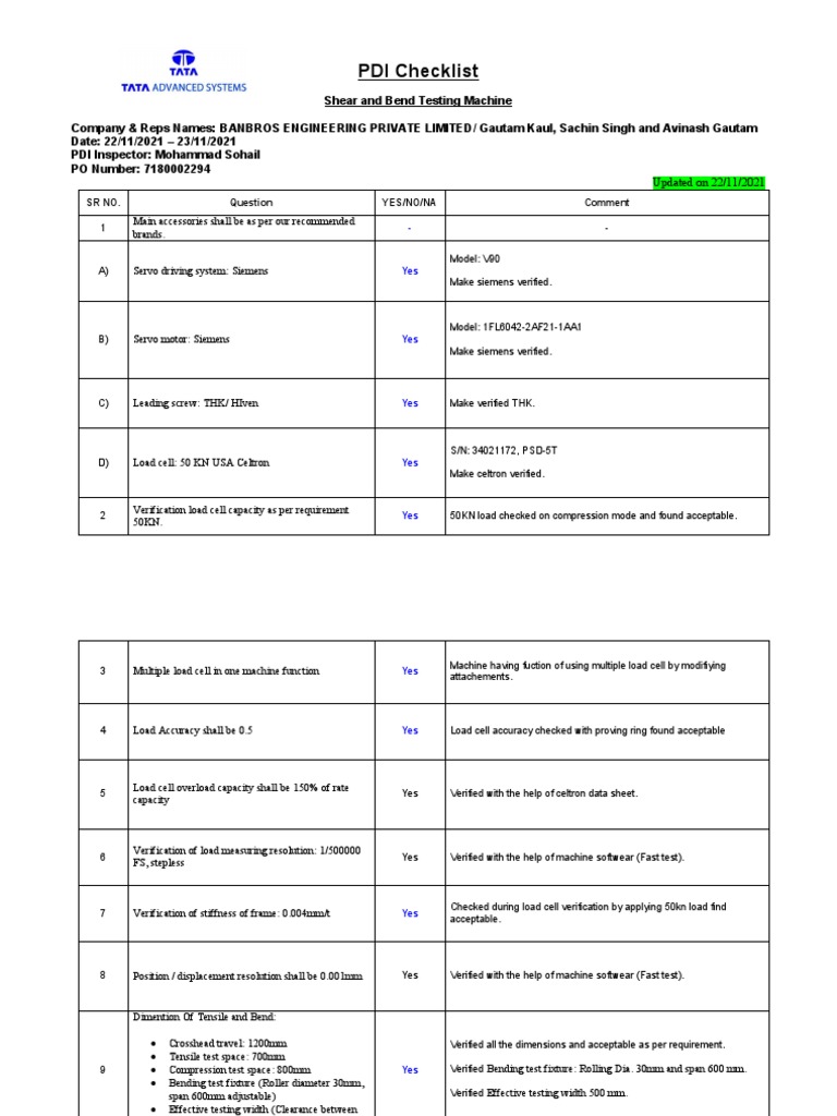 PDI Checklist: Main Accessories Shall Be As Per Our Recommended Brands ...