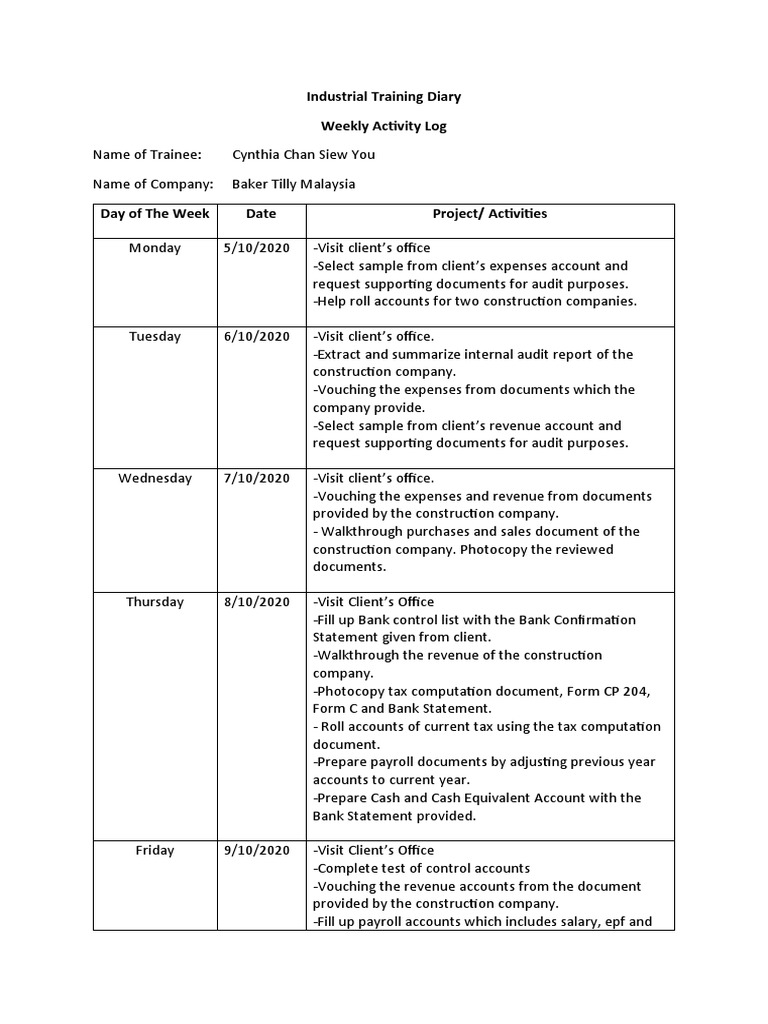 Industrial Training Diary - Week 1 | PDF | Payroll | Expense