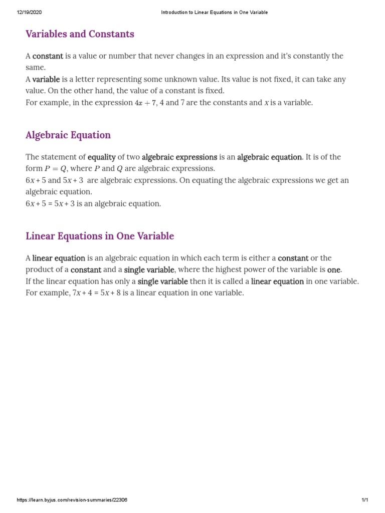 Introduction To Linear Equations in One Variable Part 2 | PDF