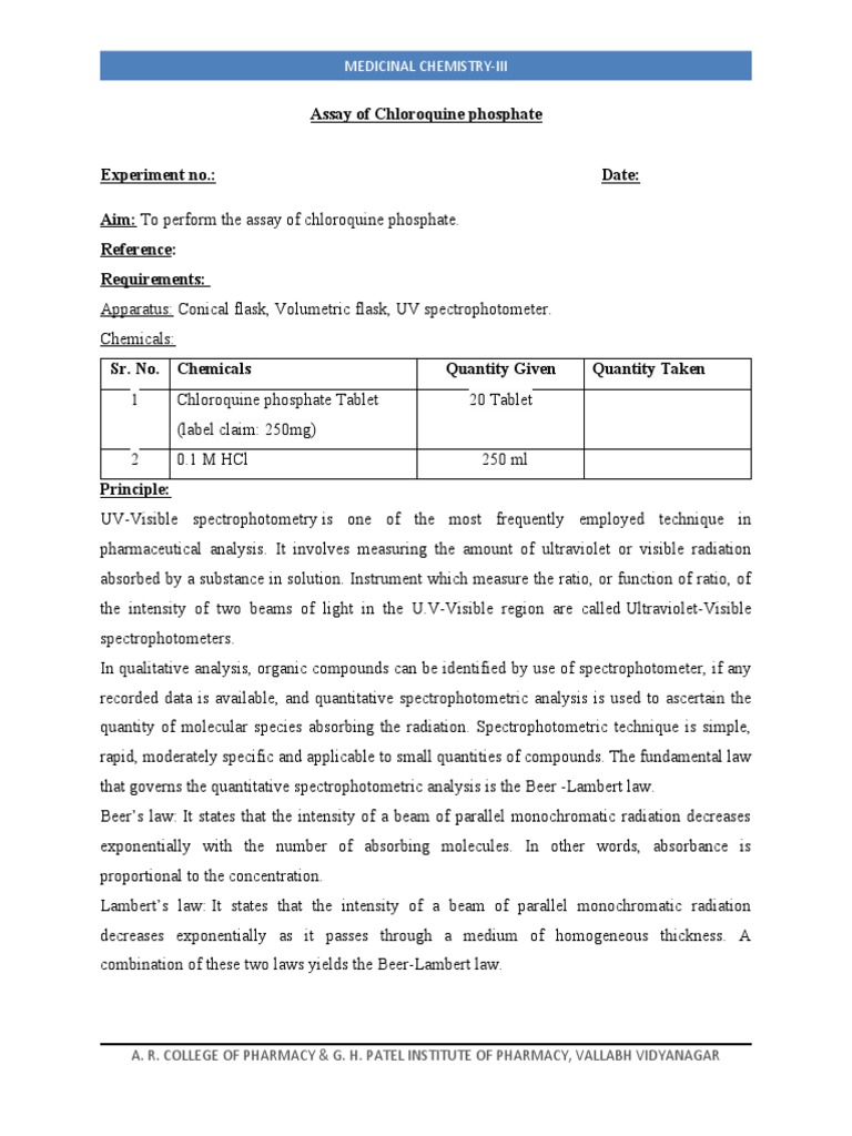 Assay of Chloroquine Phosphate Experiment No.: Date: Aim: To Perform ...