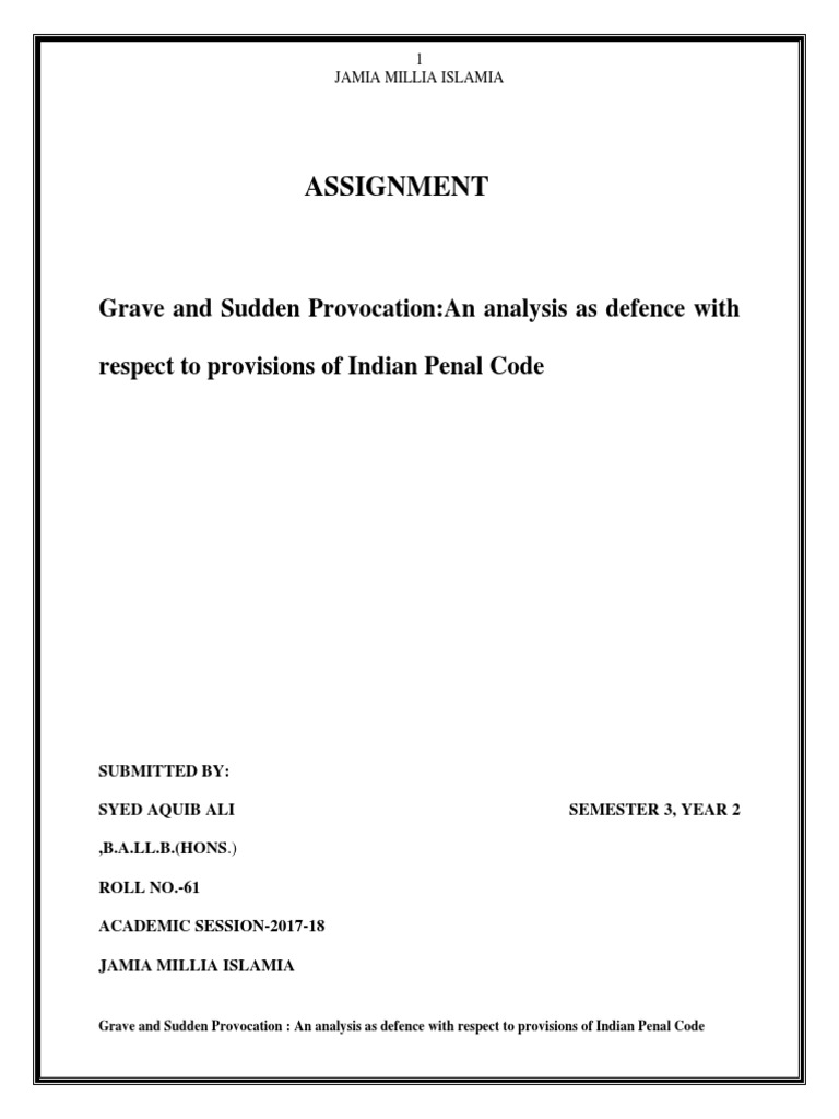 Assignment: Grave and Sudden Provocation:An Analysis As Defence With ...