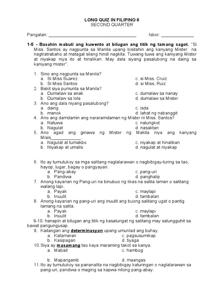 Long Quiz in Filipino 6 | PDF