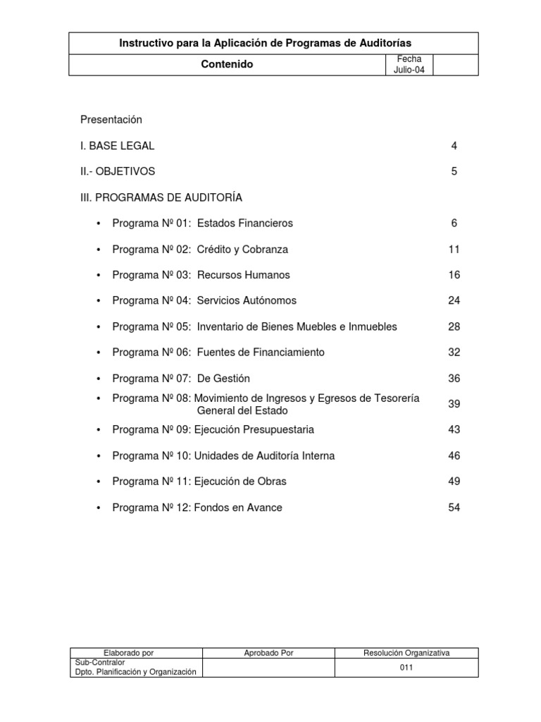 Instructivo Programas de Auditoría | PDF | Auditoría | Presupuesto