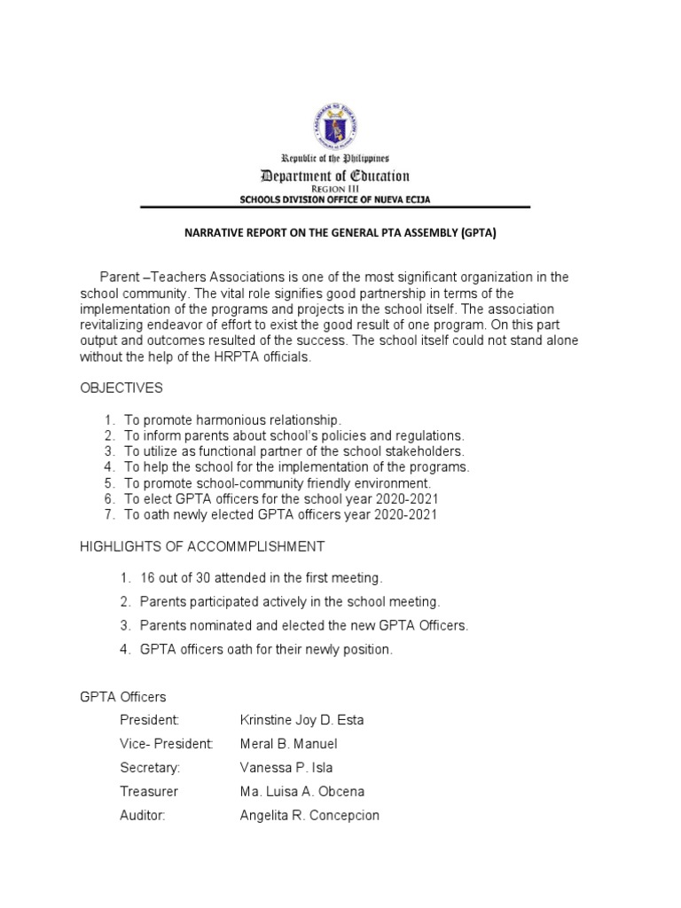 GPTA Assembly Narrative Report 2020-2021 | PDF | Career & Growth | Wellness