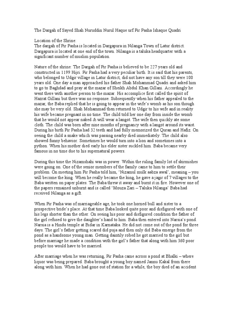 Sayed Shah Nuruddin Nurul Haque Urf Pir Pasha Ishaque Quadri | PDF