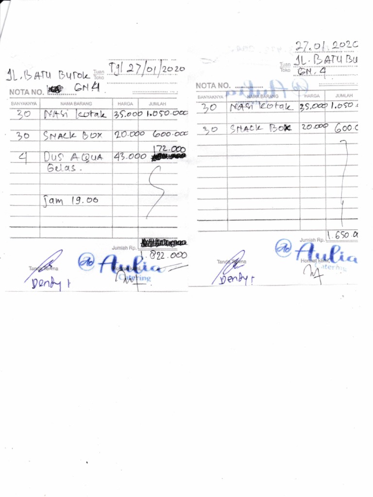 Nota Catering AULIA (Ibu Herlina) | PDF