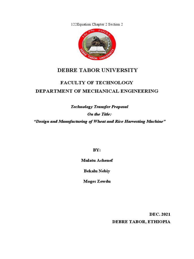 Debre Tabor University: Faculty of Technology Department of Mechanical Engineering | PDF ...