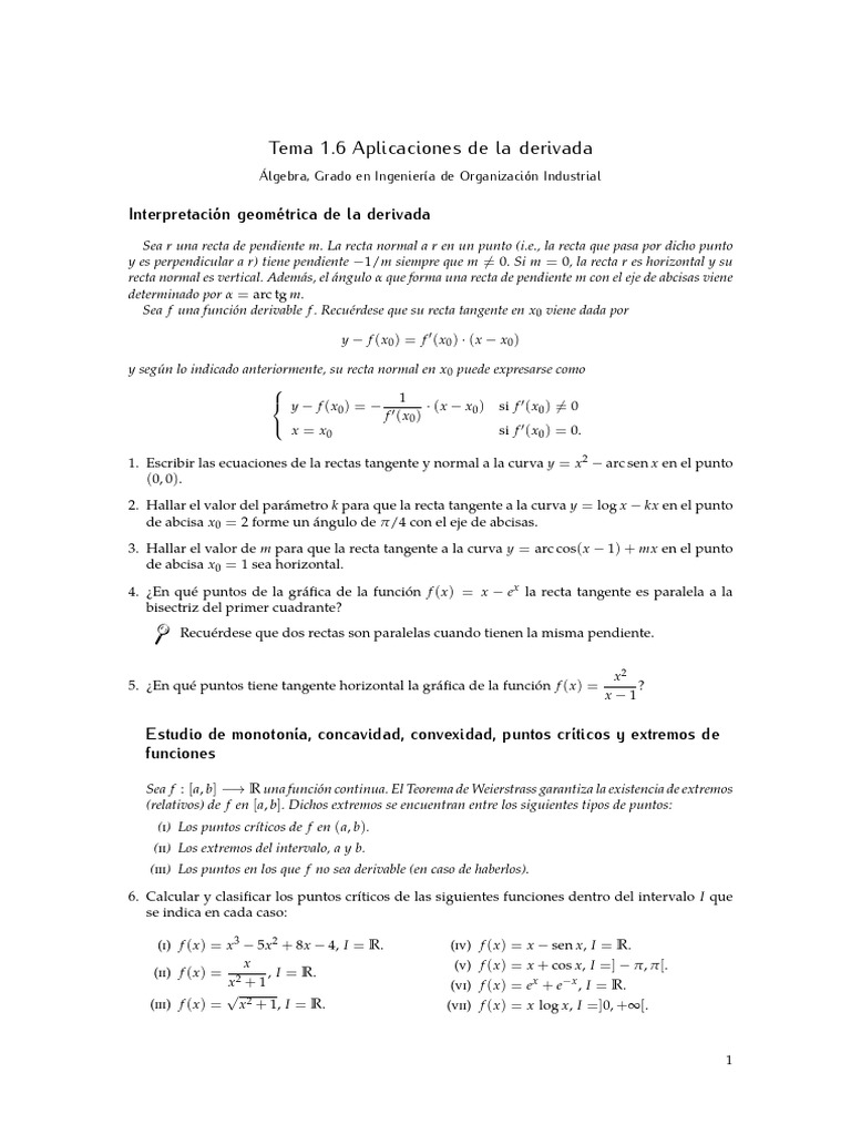Ejercicios-1.6 Aplicaciones de La Derivada | PDF | Línea (geometría) | Pendiente