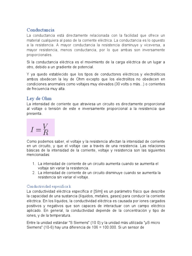 Conductancia | PDF | Corriente eléctrica | Resistencia Eléctrica y ...