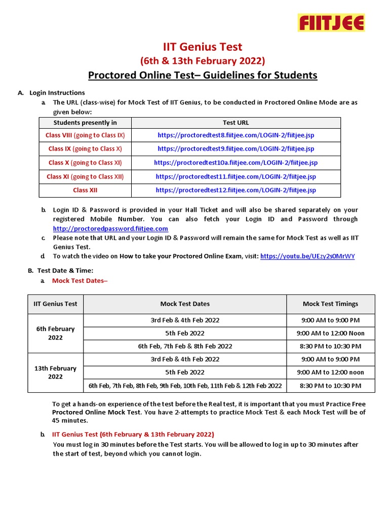 IIT Genius Test: Proctored Online Test - Guidelines For Students | PDF ...