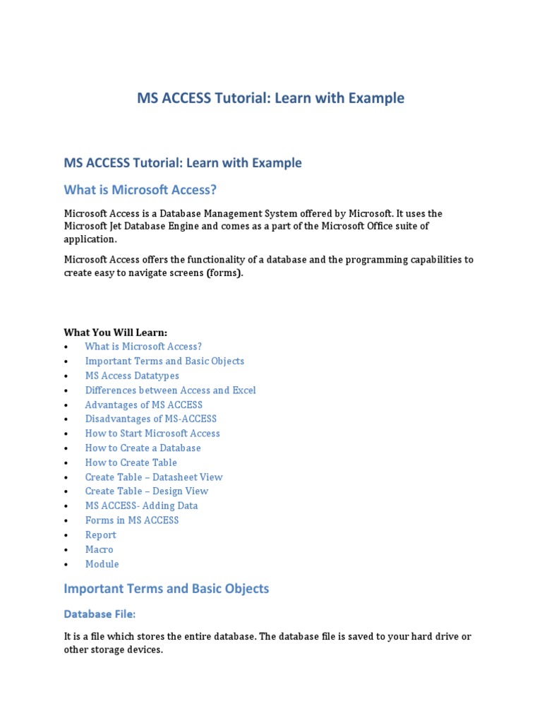 MS ACCESS Tutorial: Learn With Example | PDF | Microsoft Access | Databases