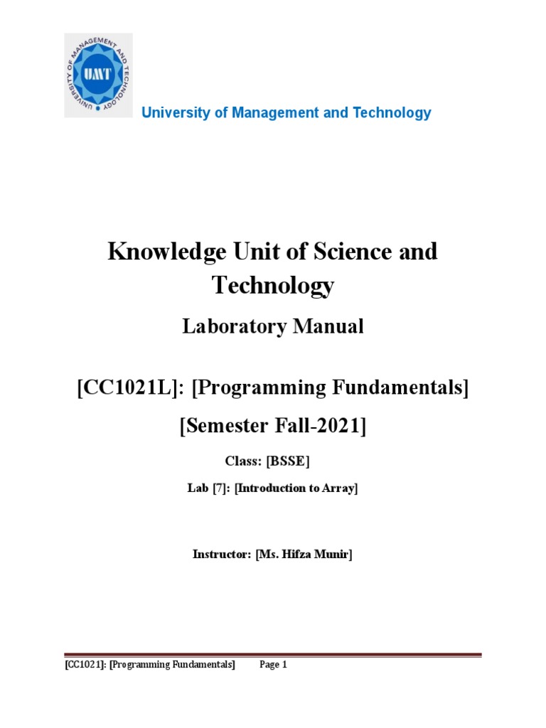 Knowledge Unit of Science and Technology: Laboratory Manual (CC1021L) : (Programming ...