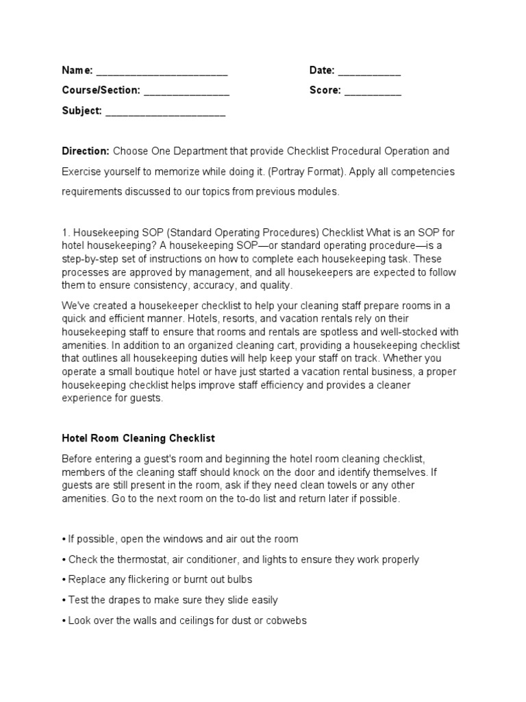 Housekeeping Checklist | PDF | Bathroom | Toilet