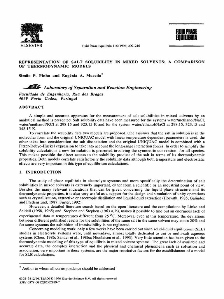 Representation of Salt Solubility in Mixed Solvents A Comparison of Thermodynamic Models | PDF ...