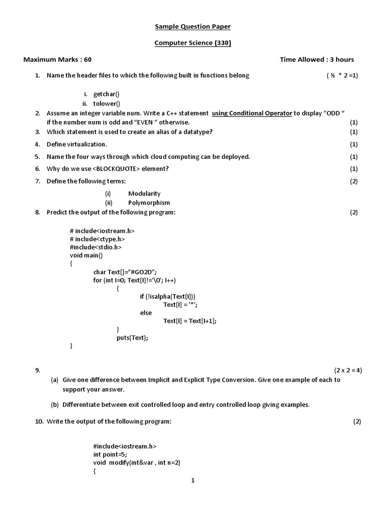 Sample Question Paper Final Cs 330 | PDF | Integer (Computer Science ...