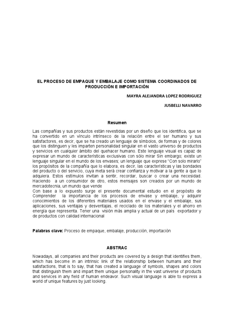 El Proceso de Empaque y Embalaje Como Sistema Coordinados de Producción ...