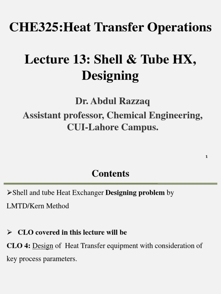 Lec. 13. Shell & Tube HX-Designing-FA21 | PDF | Heat Exchanger | Heat ...