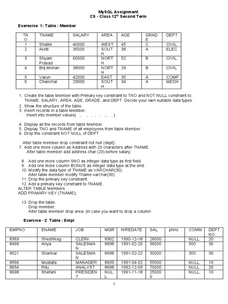 Mysql Assignment Cs - Class 12 Second Term Exerecise 1: Table: Member ... Mysql Assignment Cs - Class 12 Second Term Exerecise 1: Table: Member ...