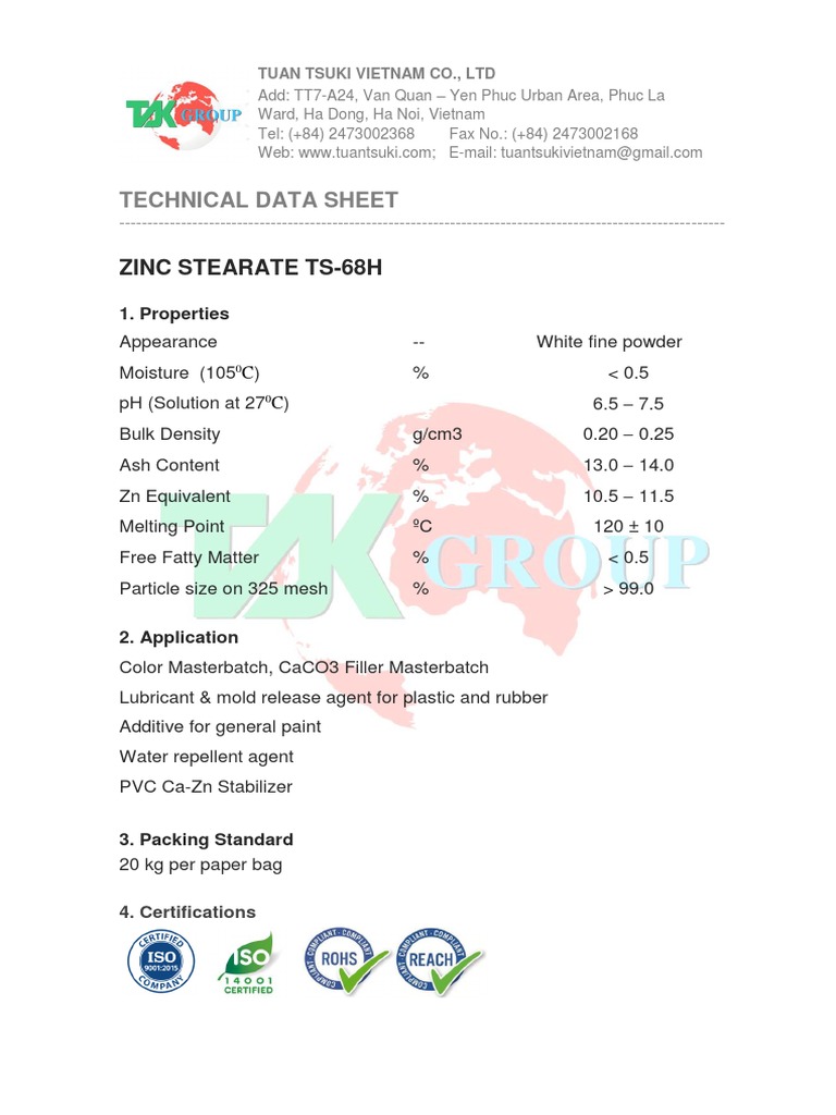 Technical Data Sheet: Zinc Stearate Ts-68H | PDF