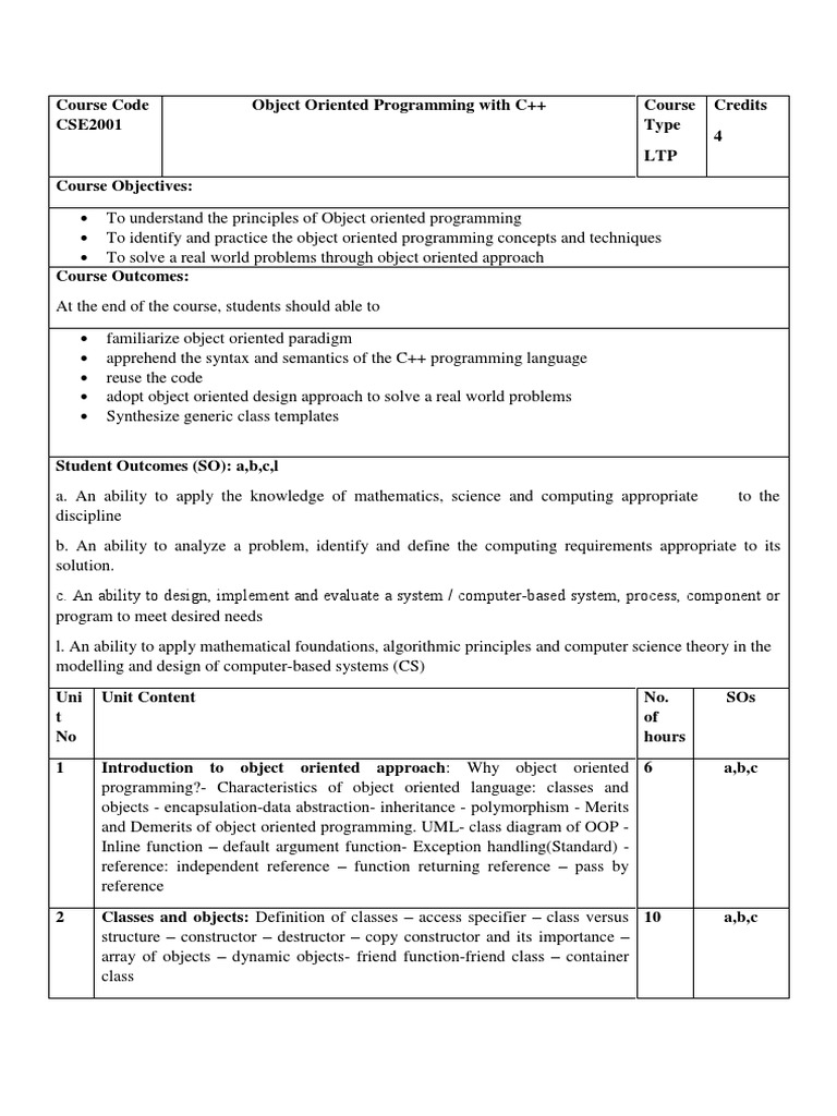 Cse2001 Object-Oriented-programming-with-c++ LTP 1.0 1 Cse2001 | PDF | C++ | Object Oriented ...