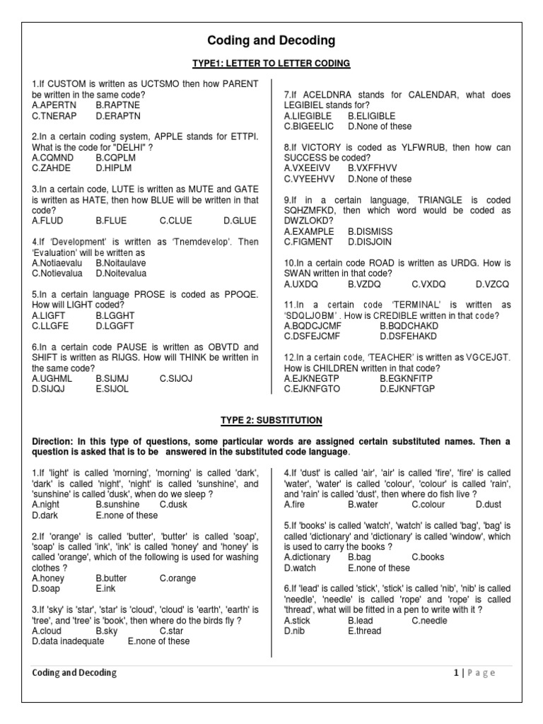 Coding and Decoding: Type1: Letter To Letter Coding | PDF