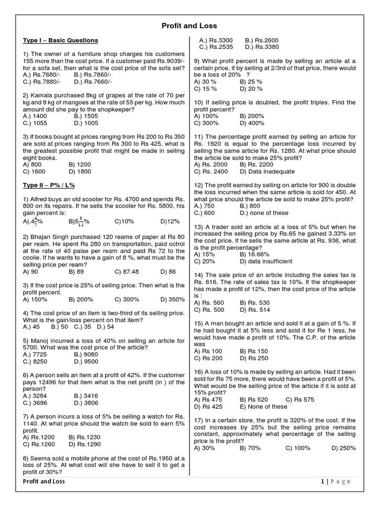 Profit and Loss: Type I - Basic Questions | PDF | Prices | Profit ...