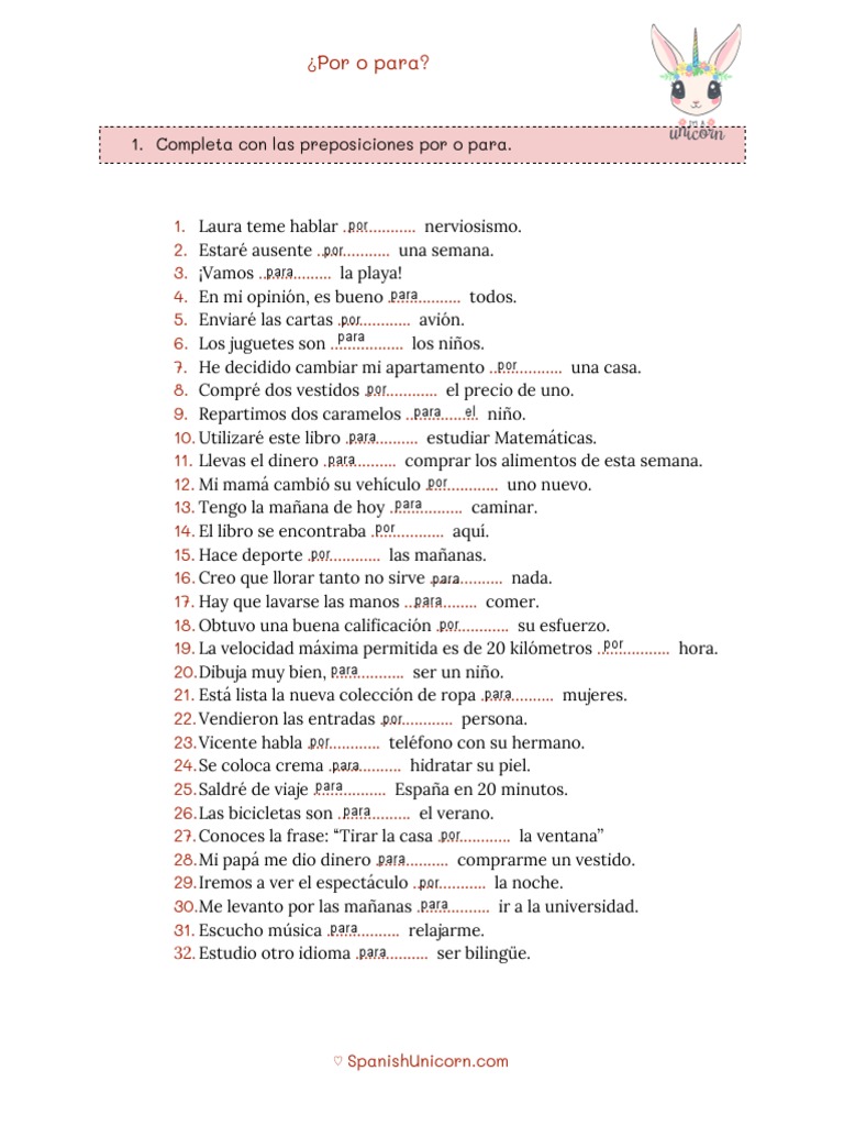 Ejercicios de preposiciones: por y para | PDF