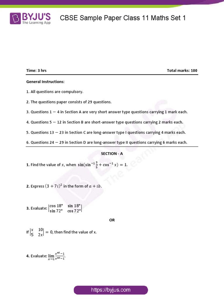 CBSE Sample Paper Class 11 Maths Set 1 | PDF | Function (Mathematics ...