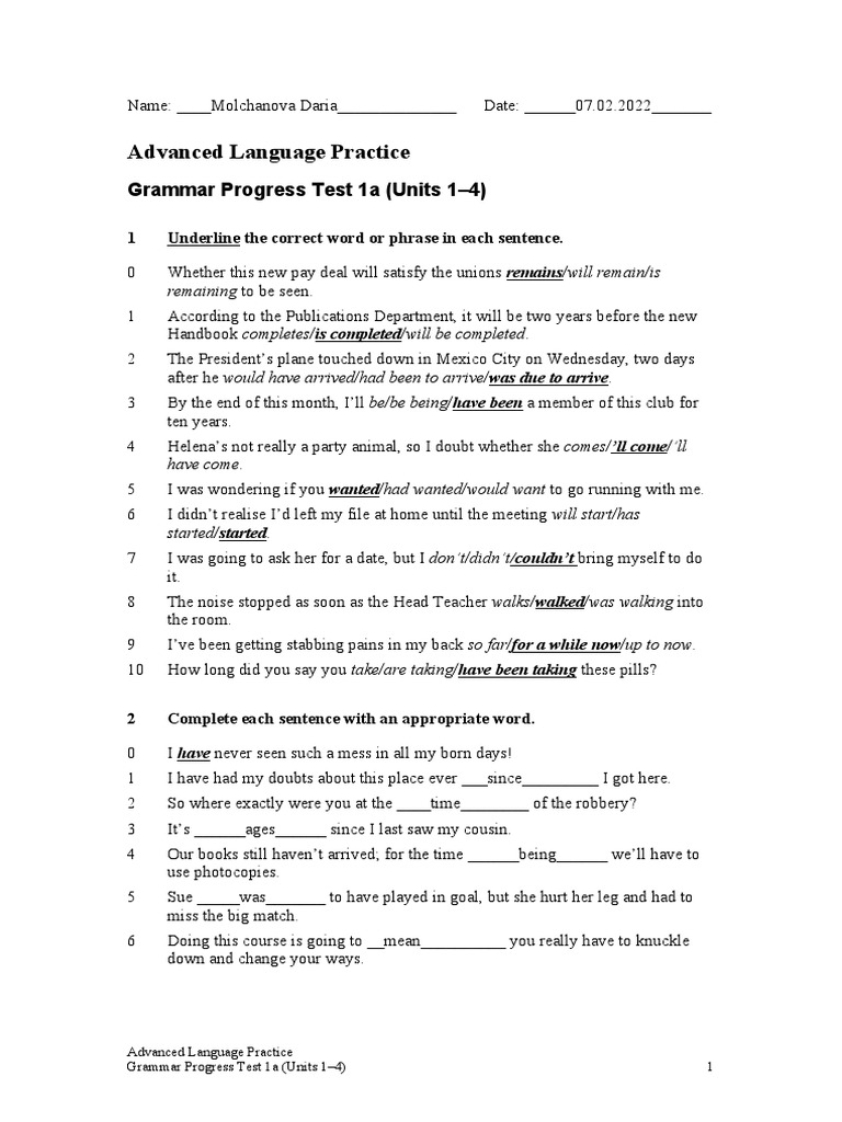 Advanced Language Practice: Grammar Progress Test 1a (Units 1-4) | PDF ...
