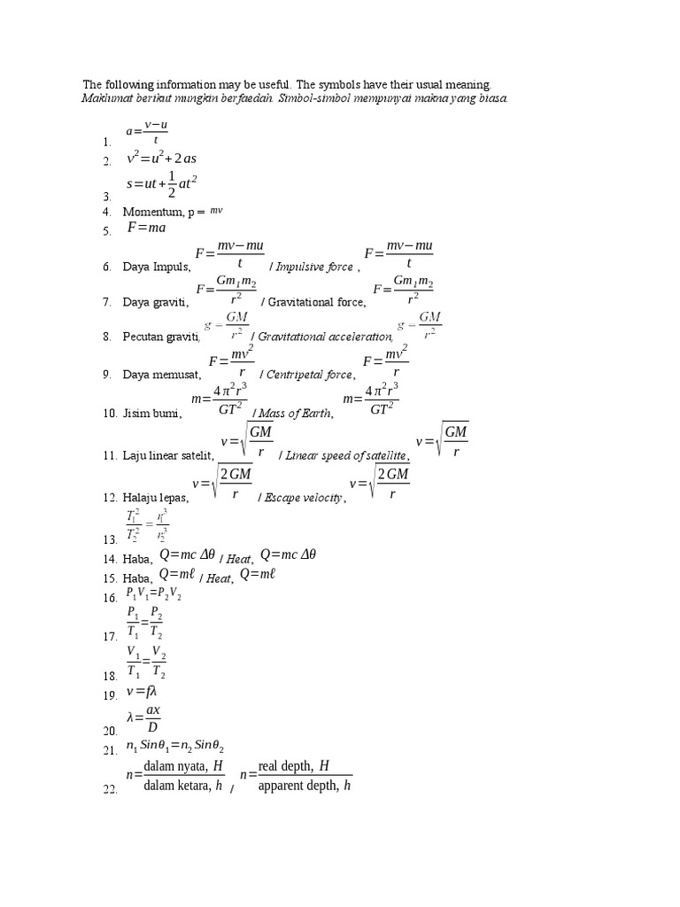 Senarai Formula Fizik SPM KSSM | PDF | Physics | Mass
