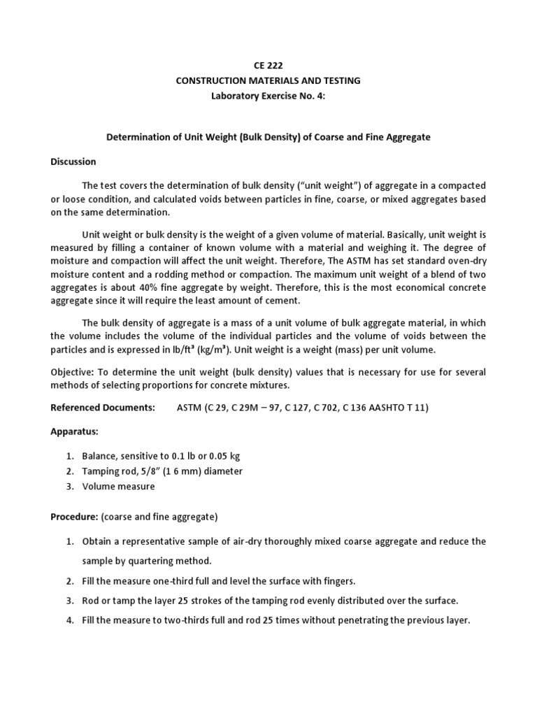 CE 222 Lab Exercise 4 | PDF | Density | Weight