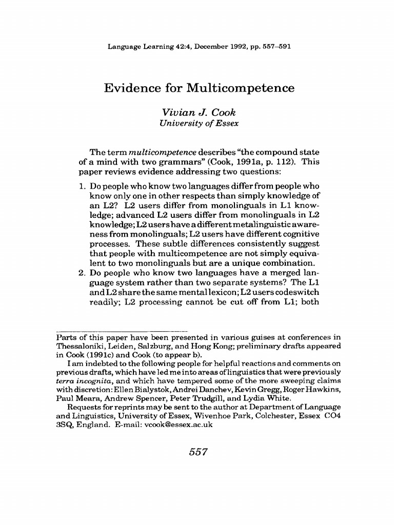 Cook 1992-Evidence For Multicompetence | PDF | Second Language | Second Language Acquisition
