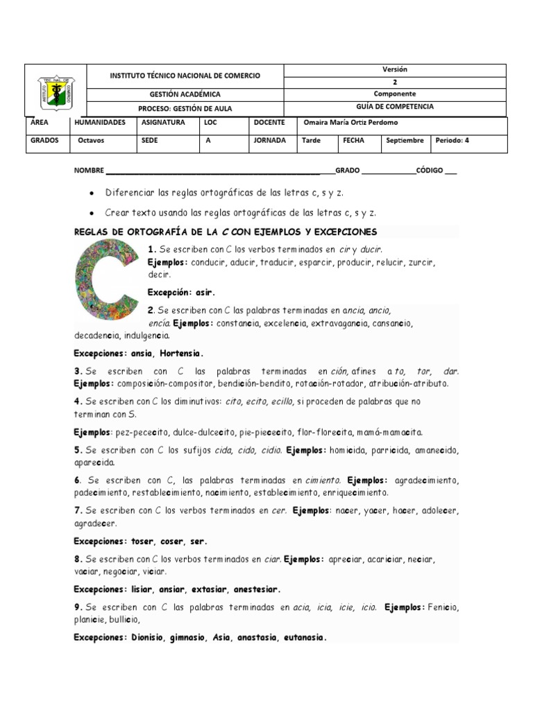 Reglas de ortografía: S, C y Z | PDF | Artes del Lenguaje y ...