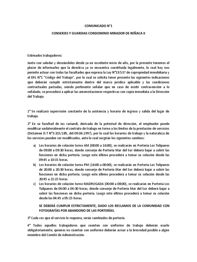 Comunicado N°1 Conserjes y Guardias | PDF