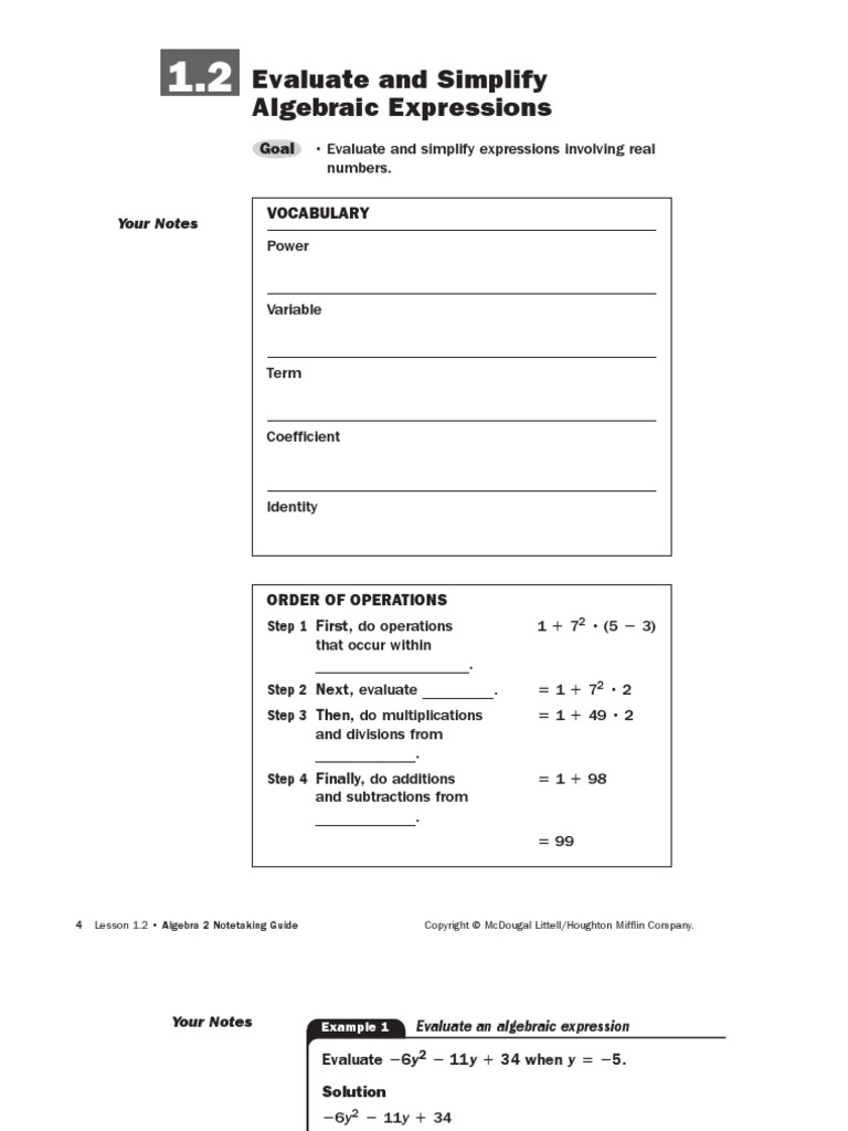 Evaluate and Simplify Algebraic Expressions | PDF