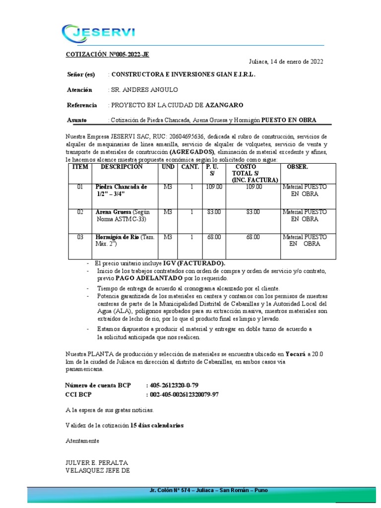 Cotización N°002-2021-JE - Piedra Chancada - GIAN - JESERVI SAC | PDF | Economias