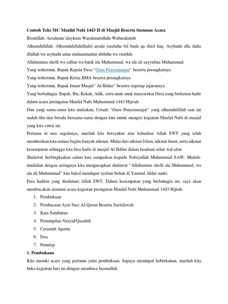 Contoh Teks MC Maulid Nabi 1443 H Di Masjid Beserta Susunan Acara | PDF