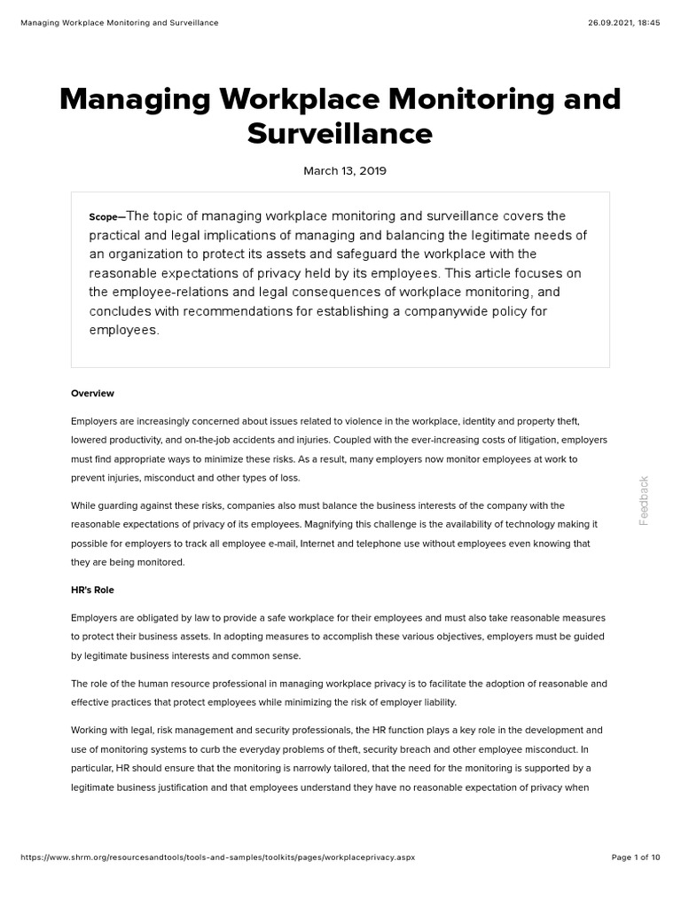 Managing Workplace Monitoring and Surveillance | PDF | Surveillance ...