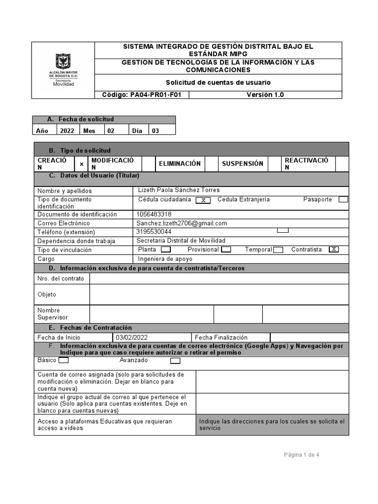 Formato de Creación de Usuario | PDF | Seguridad de información ...